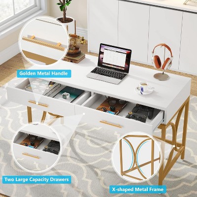 Tribesigns 41" Computer Desk With 2 Drawers, Gold & White : Target