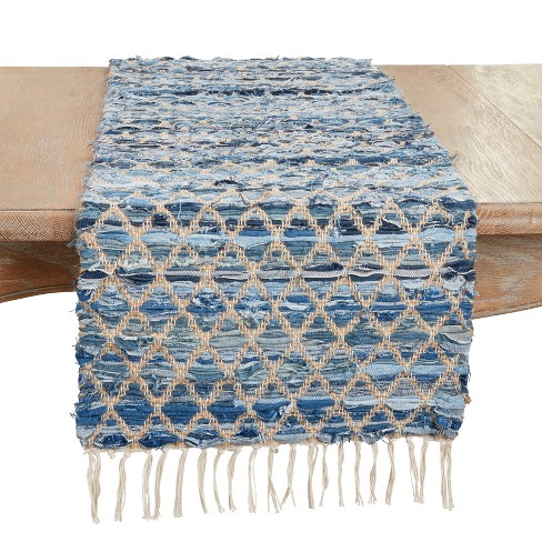Saro Lifestyle Woven Chindi Net Fringed Table Runner, Blue, 16"x72 ...