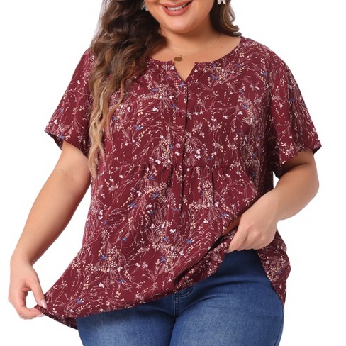 Agnes Orinda Women's Plus Size Floral Split Neckline Short Sleeve ...