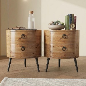 Round Side Table Set of 2 with 2 Drawers and Metal Legs, Modern Country ...