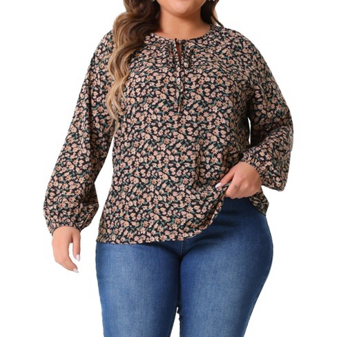 Agnes Orinda Women's Plus Size Floral Printed Tie Collar Long Sleeve ...