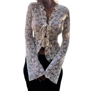 Coolmee Women's Sexy Lace Mesh Sheer Top V Neck Floral See Through ...