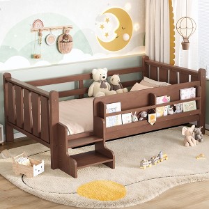 Twin Size Solid Wood Kids Floor Bed with Storage Bookcases, Cute Stairs ...