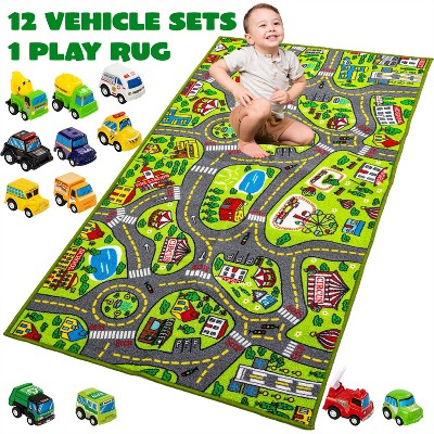 Joyfy Car Play Rug for Toddlers, City-Themed Pretend Playmat with 12 ...