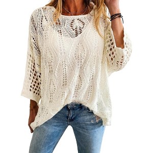 YESFASHION Women's Knit Cover Up Round Neck Dolman 3/4 Sleeve Oversized ...