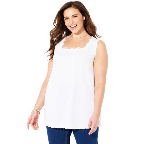 Catherines Women's Plus Size Square-neck Lace Trim Tank - 4x, White ...