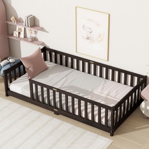MAYEERTY Twin Size Wood Kids Floor Bed with Full Safety Guardrails, No ...