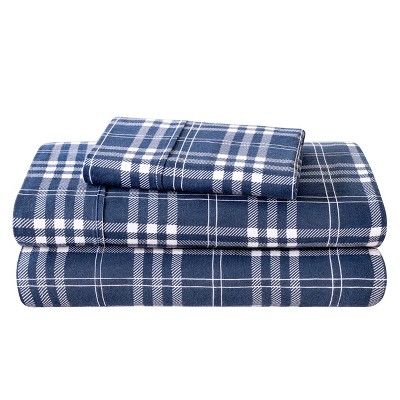 Stirling Plaid - Blue/white Cotton Flannel Twin Xl Sheet Set By Bare ...