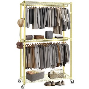 BATHWA Heavy Duty Rolling Garment Rack Double Rod with Shelves Portable ...