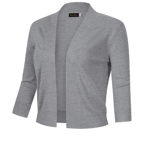 Women's 3/4 Sleeve Open Front Cropped Cardigan Sweater Lightweight Knit ...