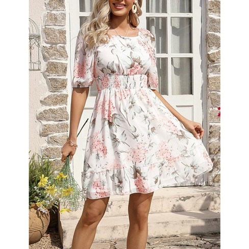 Women's Floral Print Square Neck Puff Sleeve Smocked Ruffle Mini Dress Chiffon Dress White 2xl ...