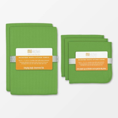 5pk Microfiber Waffle Kitchen Towel And Dish Cloth Set Green - Mu ...
