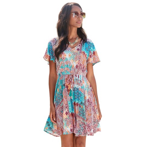 Women's Patchwork Print V-neck Dress - Lascana - Multi Print Patchwork ...