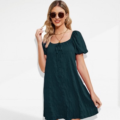 Womens Button Down Dress Elastic Neckline Lantern Sleeve Sundress Short ...