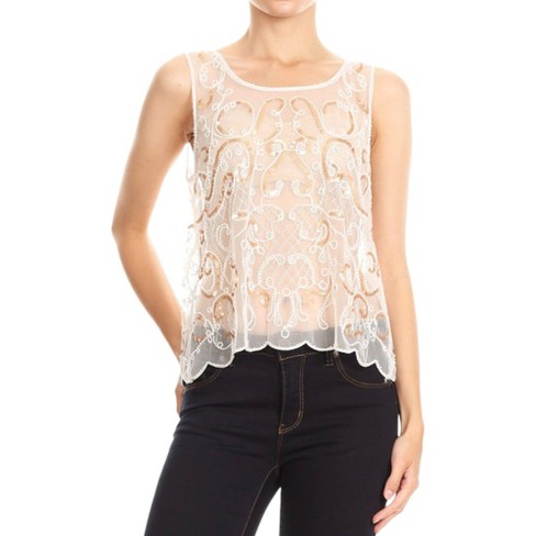 Anna-kaci Women's Sheer Embroidered Lace Top-large, White And Gold : Target