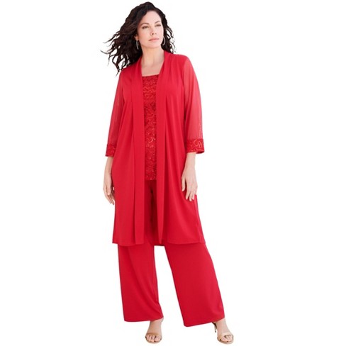Roaman's Women's Plus Size Three-piece Lace & Sequin Duster Pant Set ...
