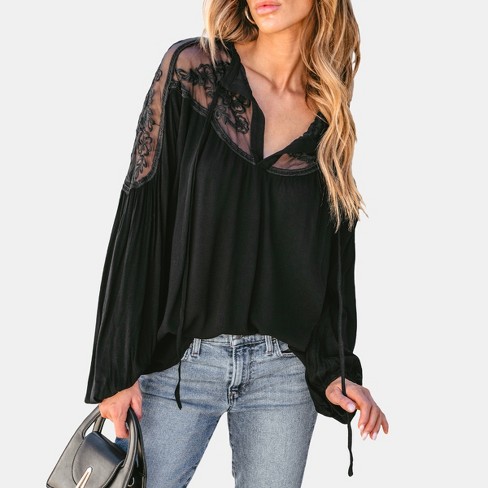 Women's Floral Lace Mesh Split Neck Top - Cupshe-s-black : Target