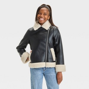 Girls' Solid Shearling Faux Leather Moto Jacket - Art Class™ Black : Target