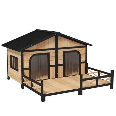 Pawhut 59"x64"x39" Wood Dog House Cabin Style Elevated Pet Shelter W ...