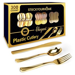 Stock Your Home 300-Pack Gold Plastic Cutlery Set- 100 Forks, 100 ...