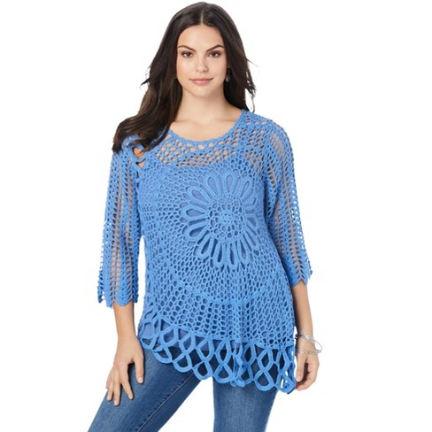 Roaman's Women's Plus Size Starburst Crochet Sweater - 2x, Horizon Blue ...