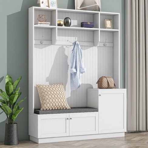 Elegant Design White Hall Tree With Comfort And Storage Solutions ...