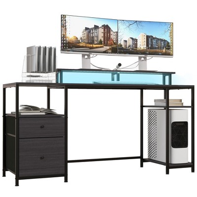 Homcom 61" Computer Desk With Lights, Power Outlets, Usb Ports, Gaming ...