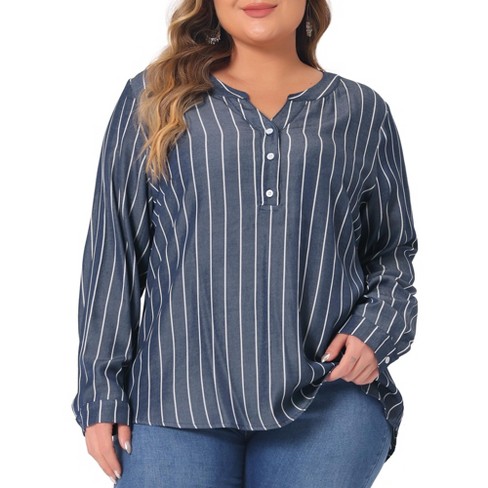 Agnes Orinda Women's Plus Size V Neck Striped Long Sleeve Button Down ...
