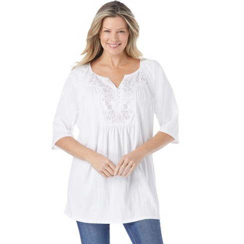 Woman Within Women's Plus Size Embroidered Crinkle Tunic - 26/28, White ...