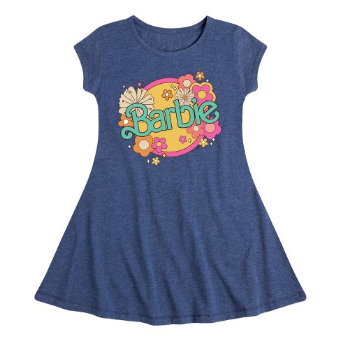 Girls' - Barbie - Retro Floral Logo Fit & Flair Cap Sleeve Dress : Target