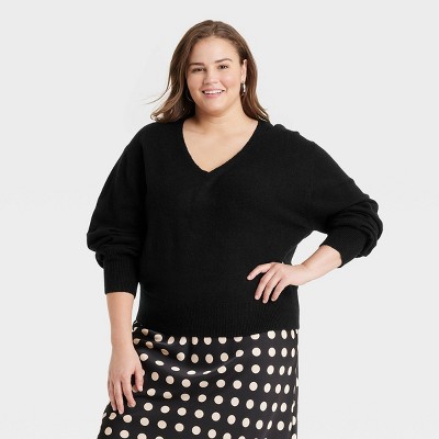 Women's Cozy Knit V-neck Pullover Sweater - A New Day™ Black Xxl : Target
