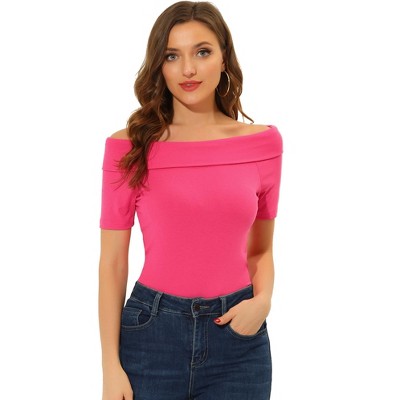 Allegra K Women's Off Shoulder Basic Layering Soft Short Sleeve Shirt Fuchsia Small : Target
