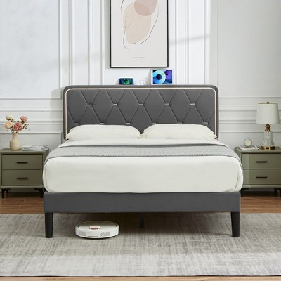 Vecelo Upholstered Queen Smart Led Bed Frame With Adjustable Gray ...